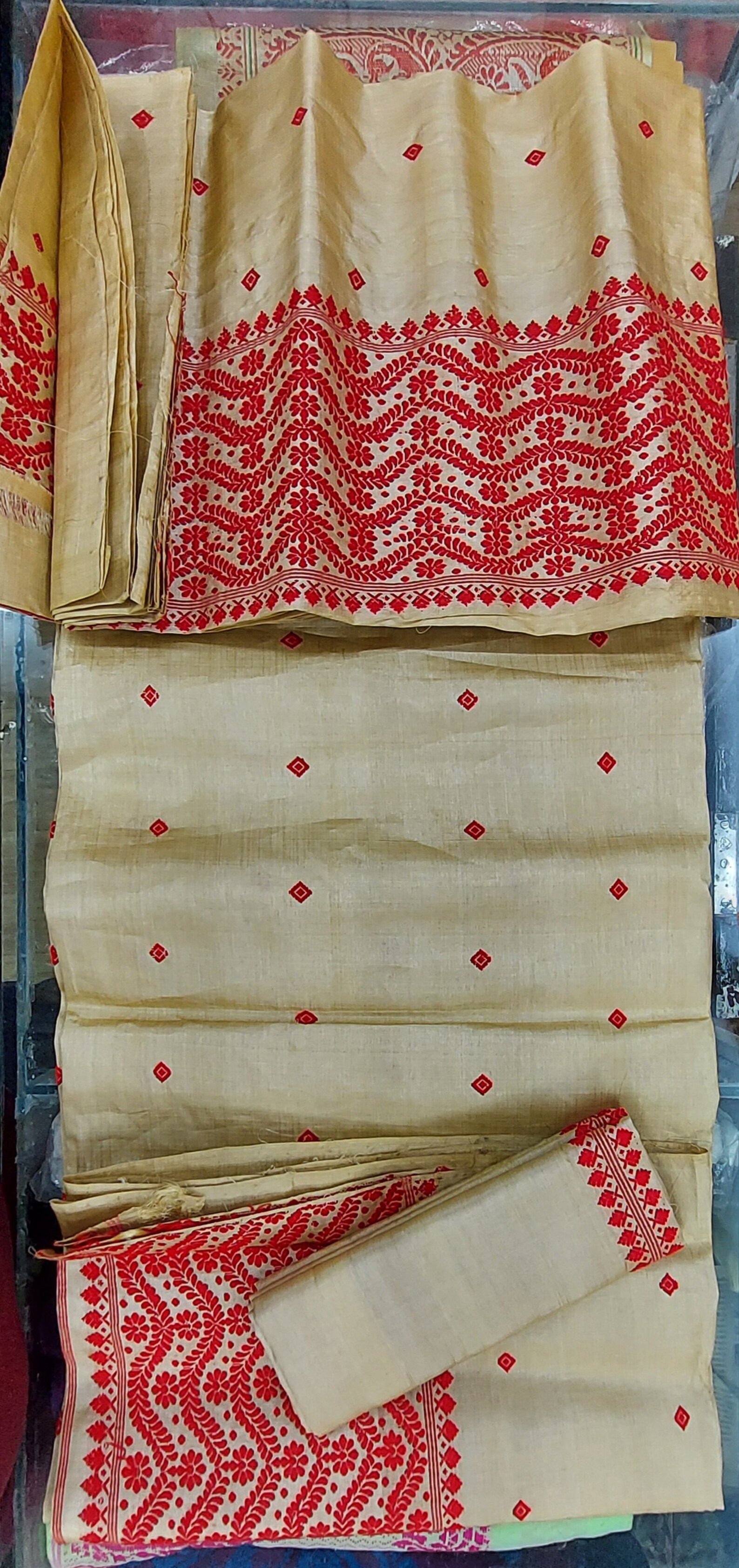 Toss Muga Silk Assamese Mekhela Saador With Red Lota Buta Design ...