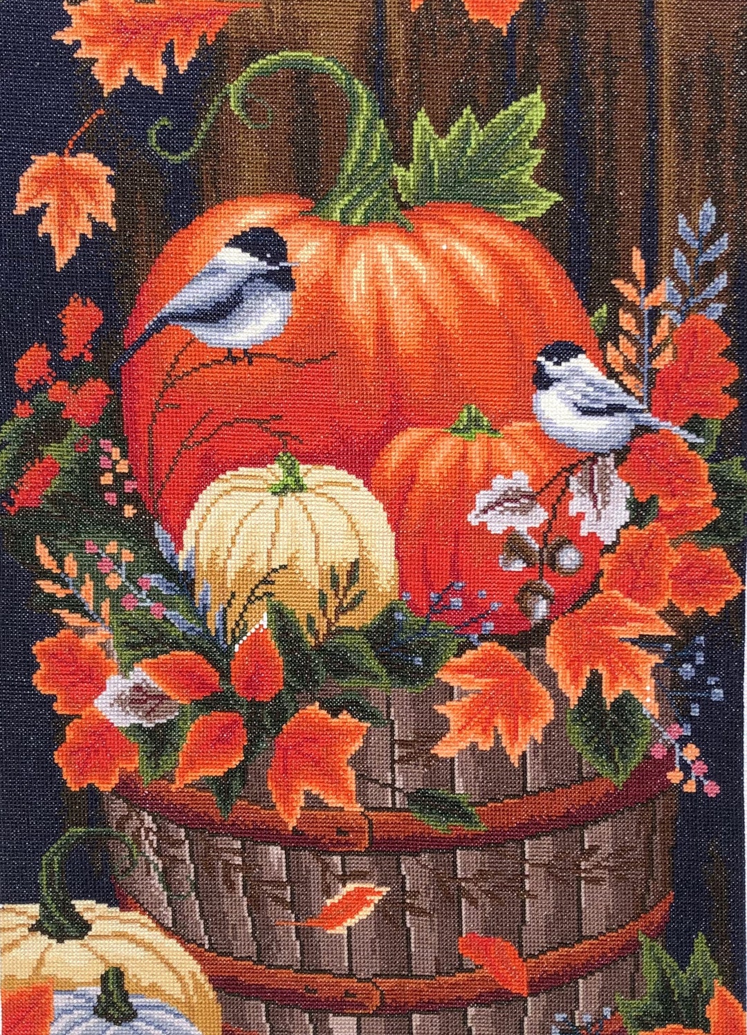 Fall Harvest Completed Counted Cross Stitch With Pumpkins, Birds and ...