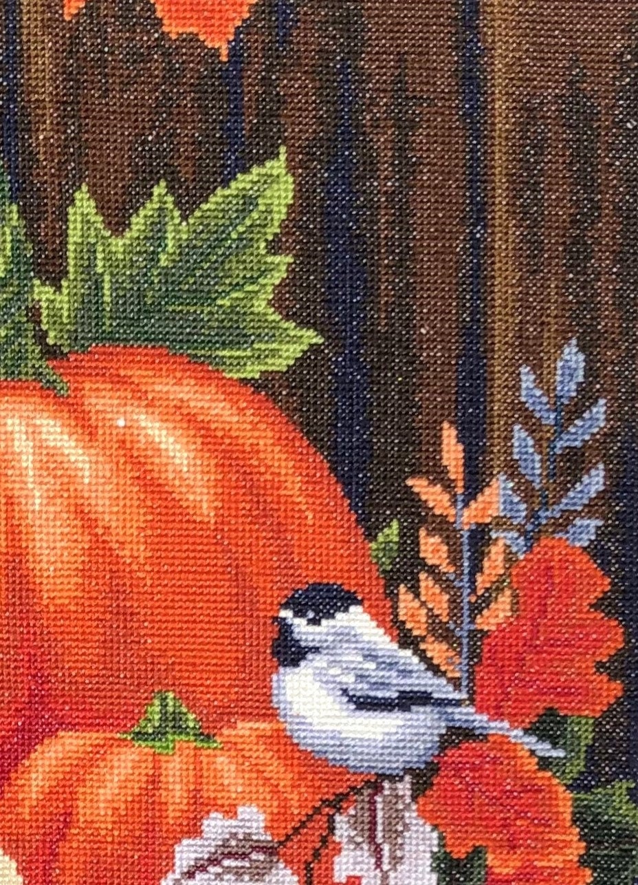 Fall Harvest Completed Counted Cross Stitch With Pumpkins, Birds and ...