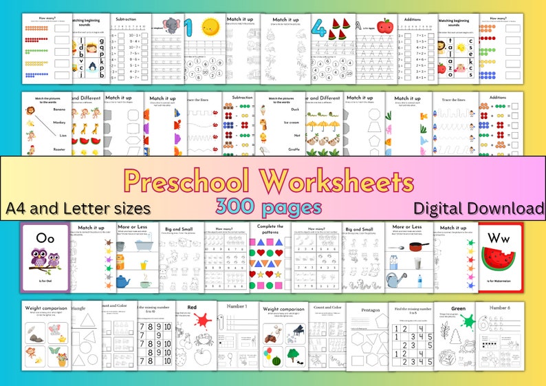 Printable Preschool Pre Kindergarten Learning Worksheets - Etsy