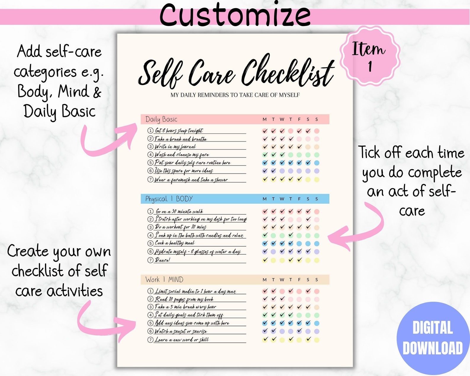Self Care Checklist, Self-care Planner, Wellness Planner Printable ...