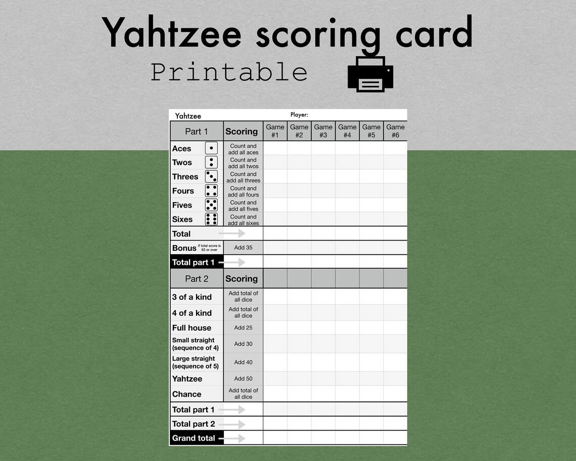 Yahtzee Score Card - Print Your Own Dice Game - Printable Yahtzee Game ...