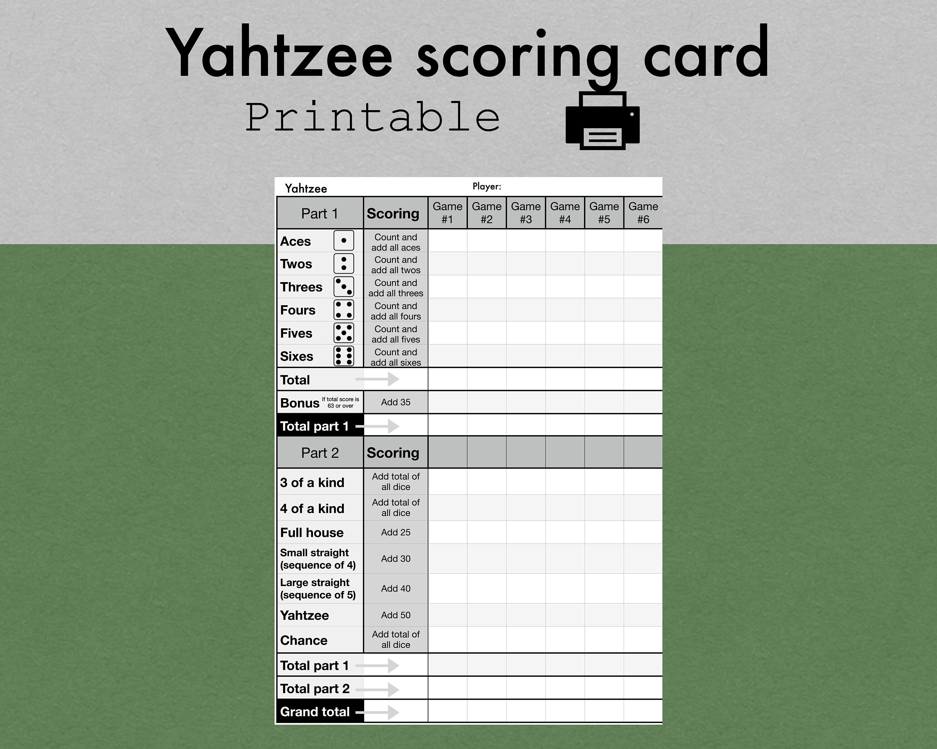 Yahtzee Score Card - Print Your Own Dice Game - Printable Yahtzee Game - Yahtzee Score Sheet - Etsy