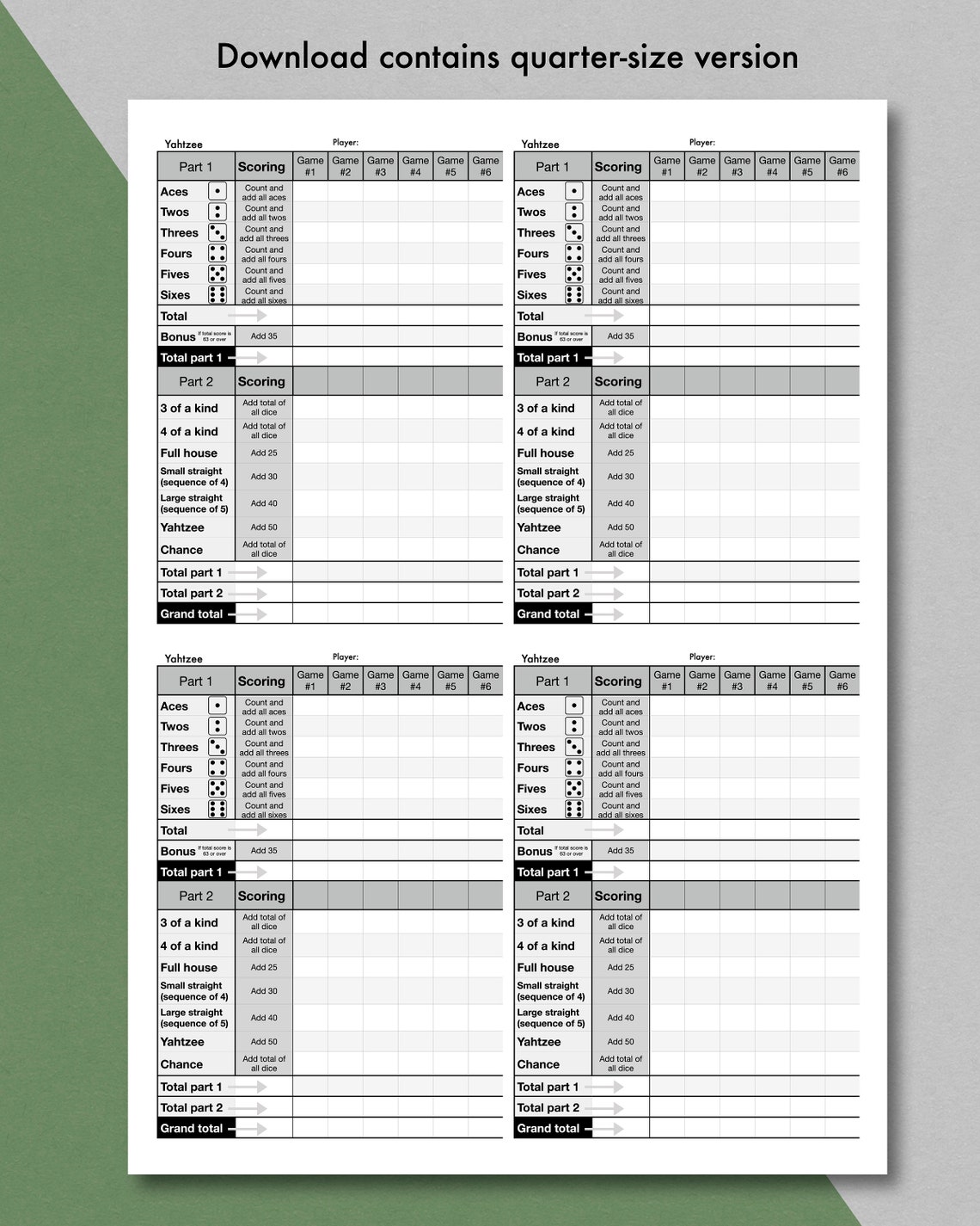 Yahtzee Score Card - Print Your Own Dice Game - Printable Yahtzee Game ...