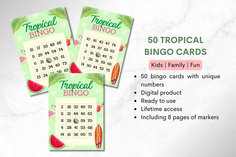 50 Tropical Bingo Cards INSTANT DOWNLOAD Perfect for Tropical Parties ...