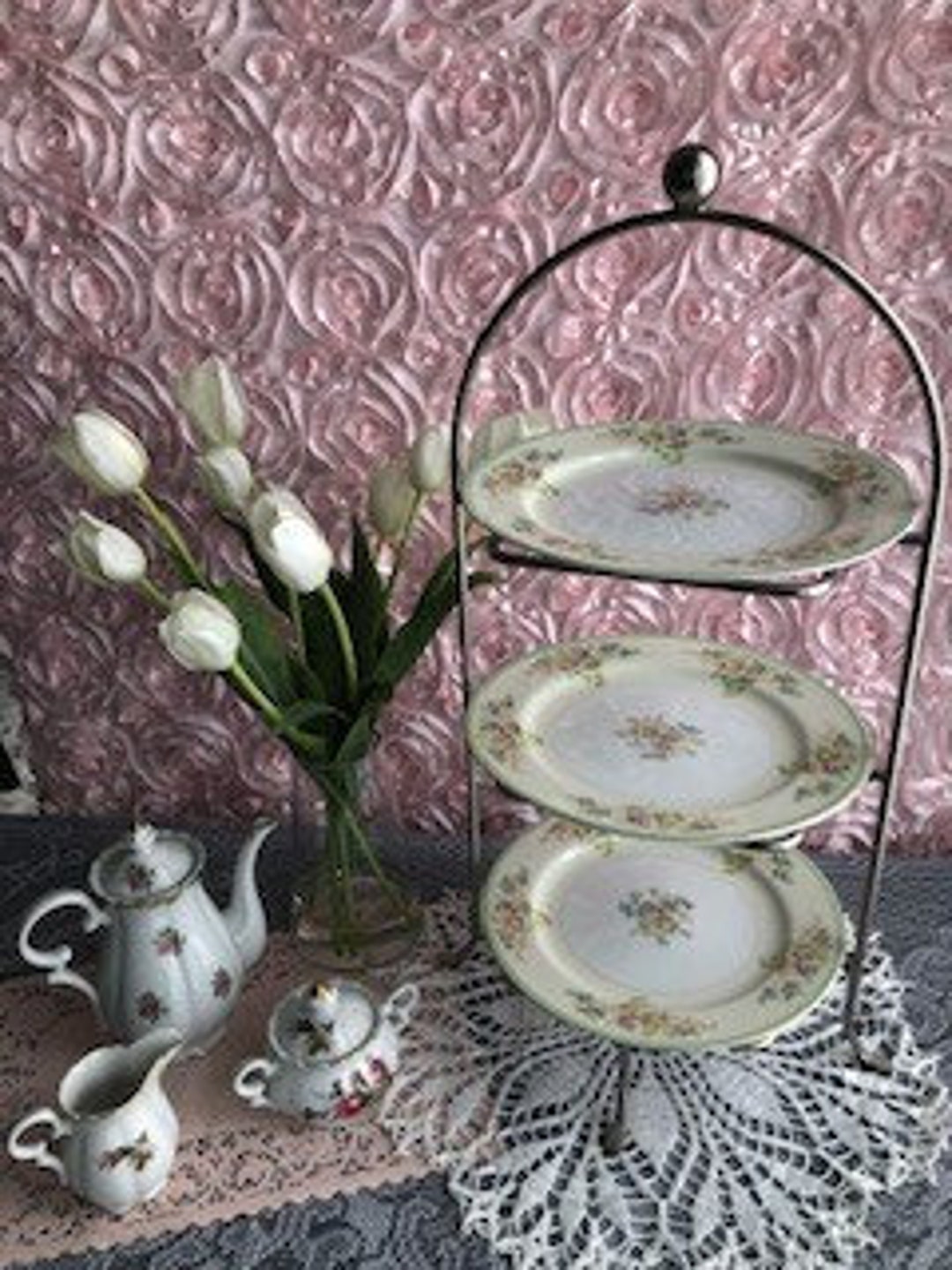 Silver Metal Plate Stand With 3 Vintage SDS Japan Hand Painted - Etsy