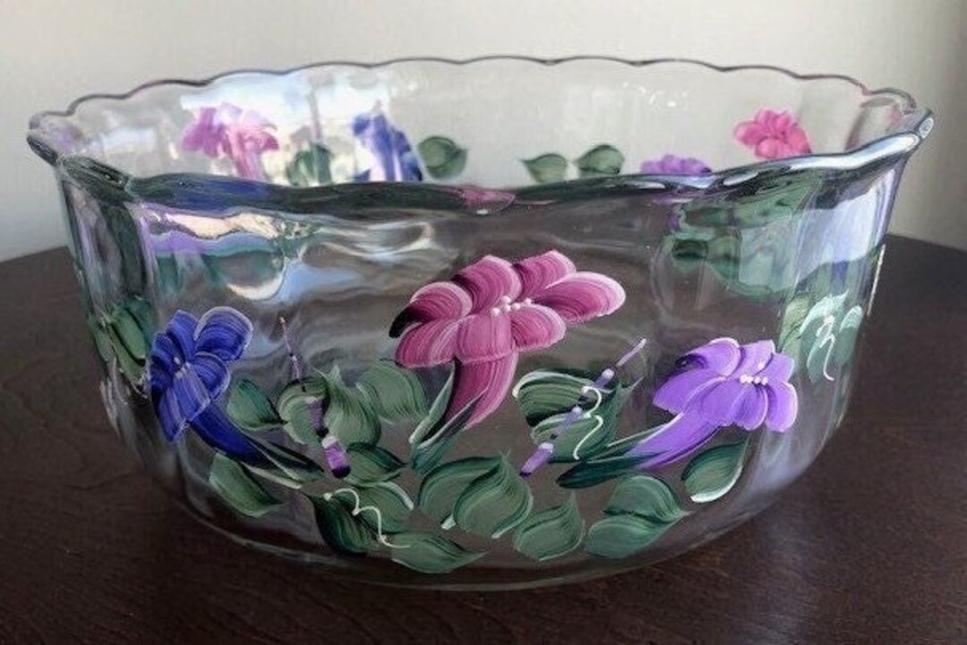 Beautiful Hand Painted Floral Glass Bowl for Salads, Layered Cakes ...