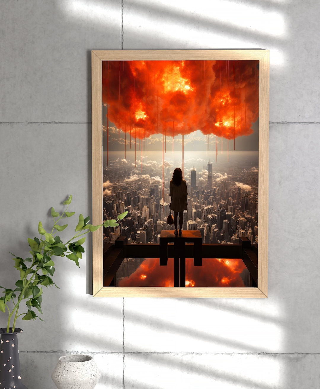 Surreal Dystopian Cityscape: Human Figure Amidst Ethereal Firestorm ...