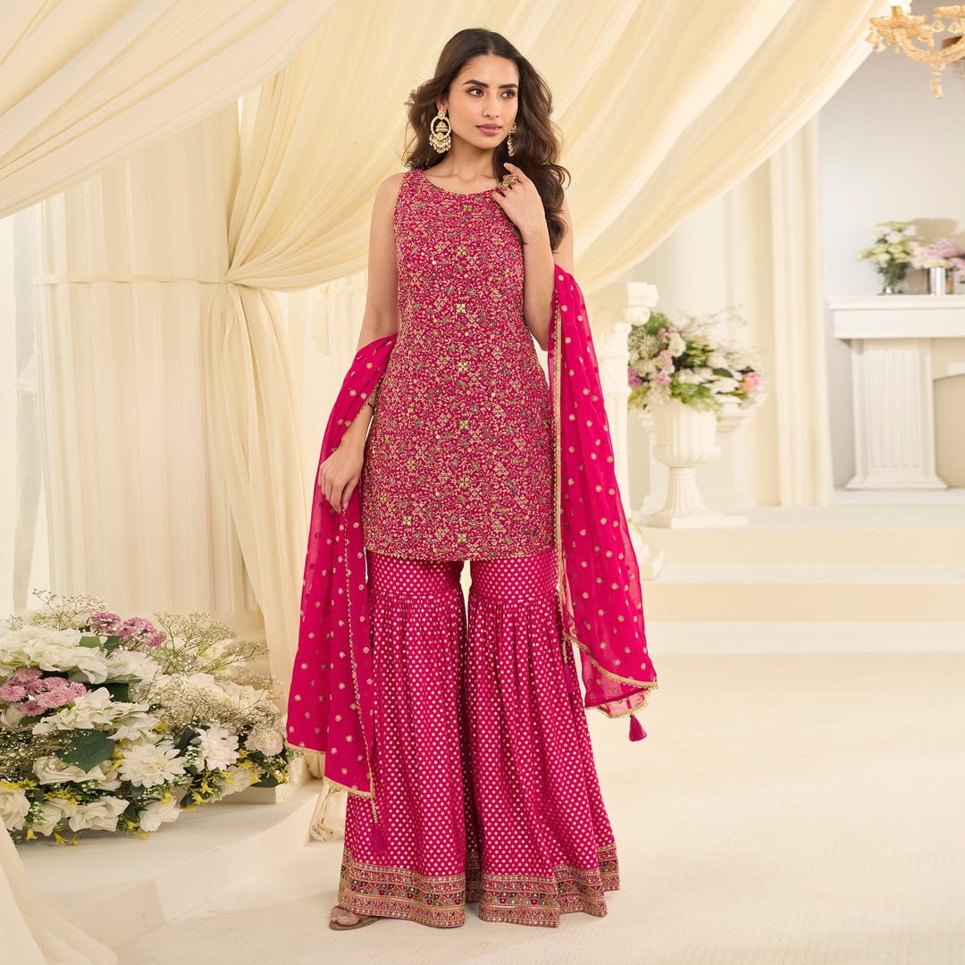 Vibrant Hot Pink Embroidered Sharara Set With Seroski Zarkan Kurta ...