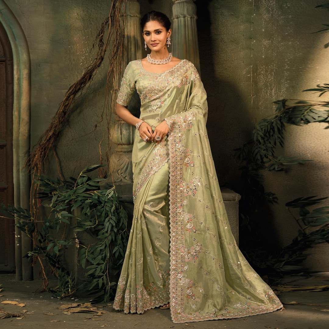 Forest Green Ziraf Silk Saree & Blouse Set | Monochromatic Indian ...