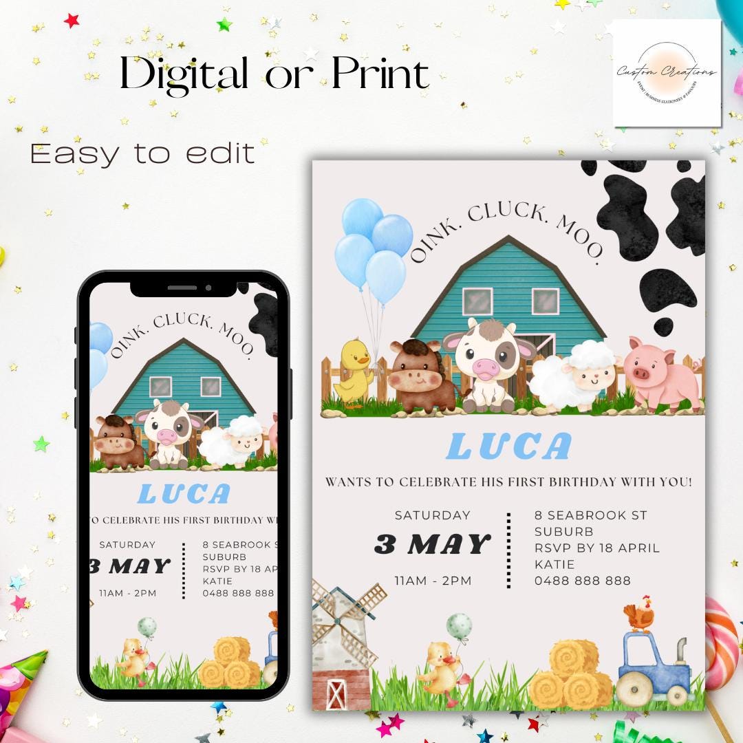 Farm Barn Theme First Birthday Invitation Self Edit With Canva Instant ...