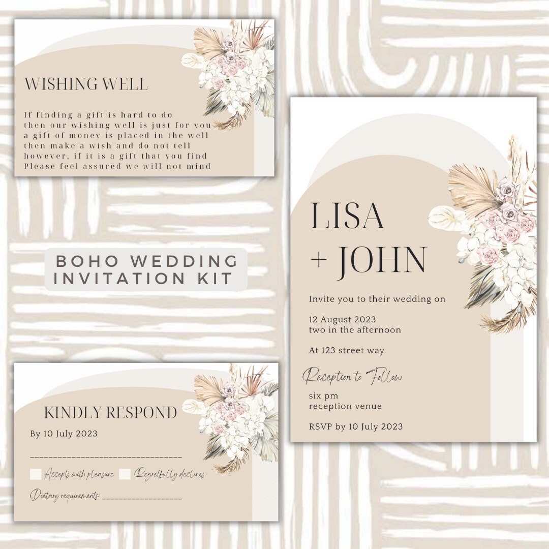 Boho Neutral Wedding Invitation Kit Printable Fully Editable Instant ...