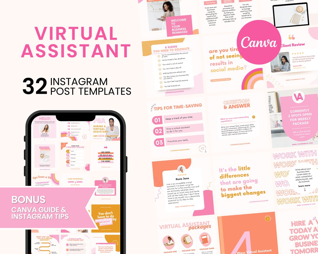 Virtual Assistant Instagram Post Templates Canva Editable Color ...