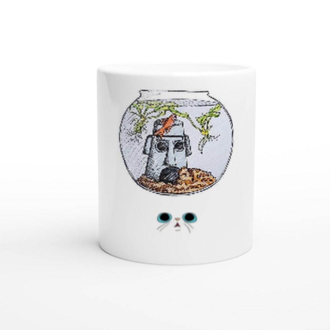 Hungry Kitty Ceramic Mug - Fishbowl Moai Design, 11oz - Etsy