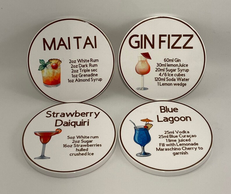Cocktail Recipe Coaster Set: Mai Tai - Gin Fizz - Strawberry Daiquiri ...