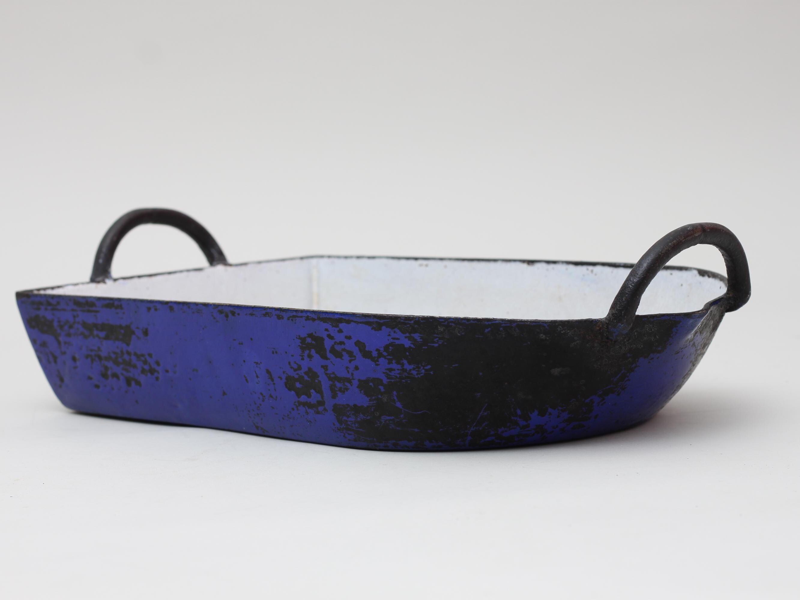 Antique Cast Iron Roasting Pan, Blue & White Casserole Dish, Rustic ...