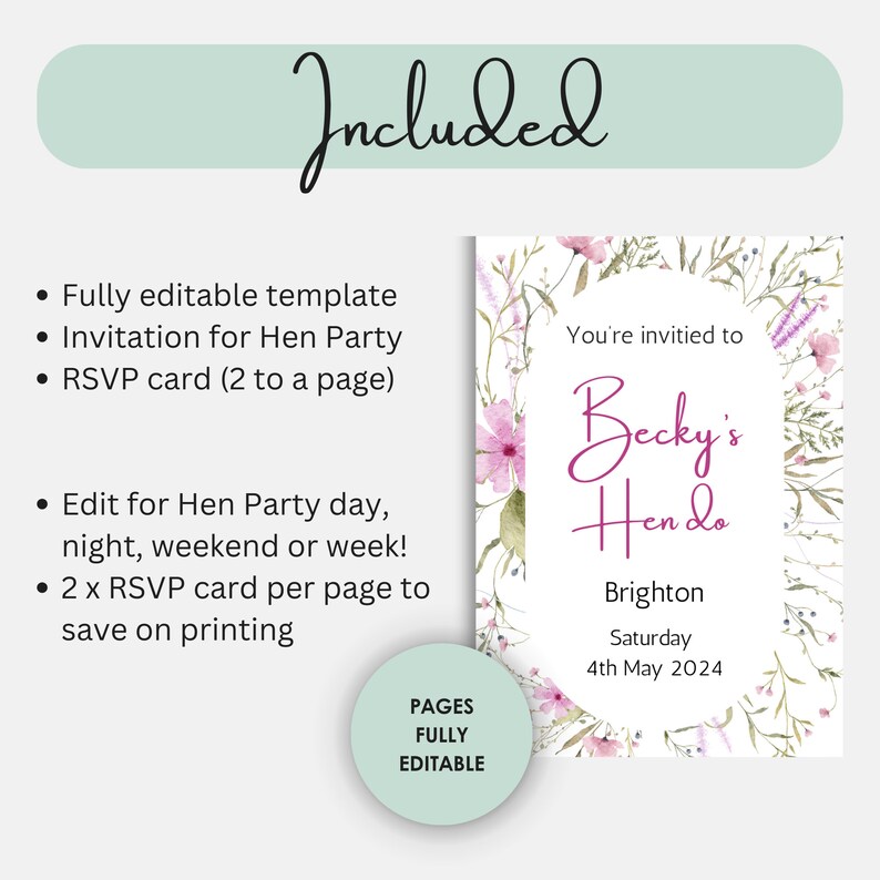Hen Party Invitation. Editable, Printable and Digital. Hen Do Invite ...