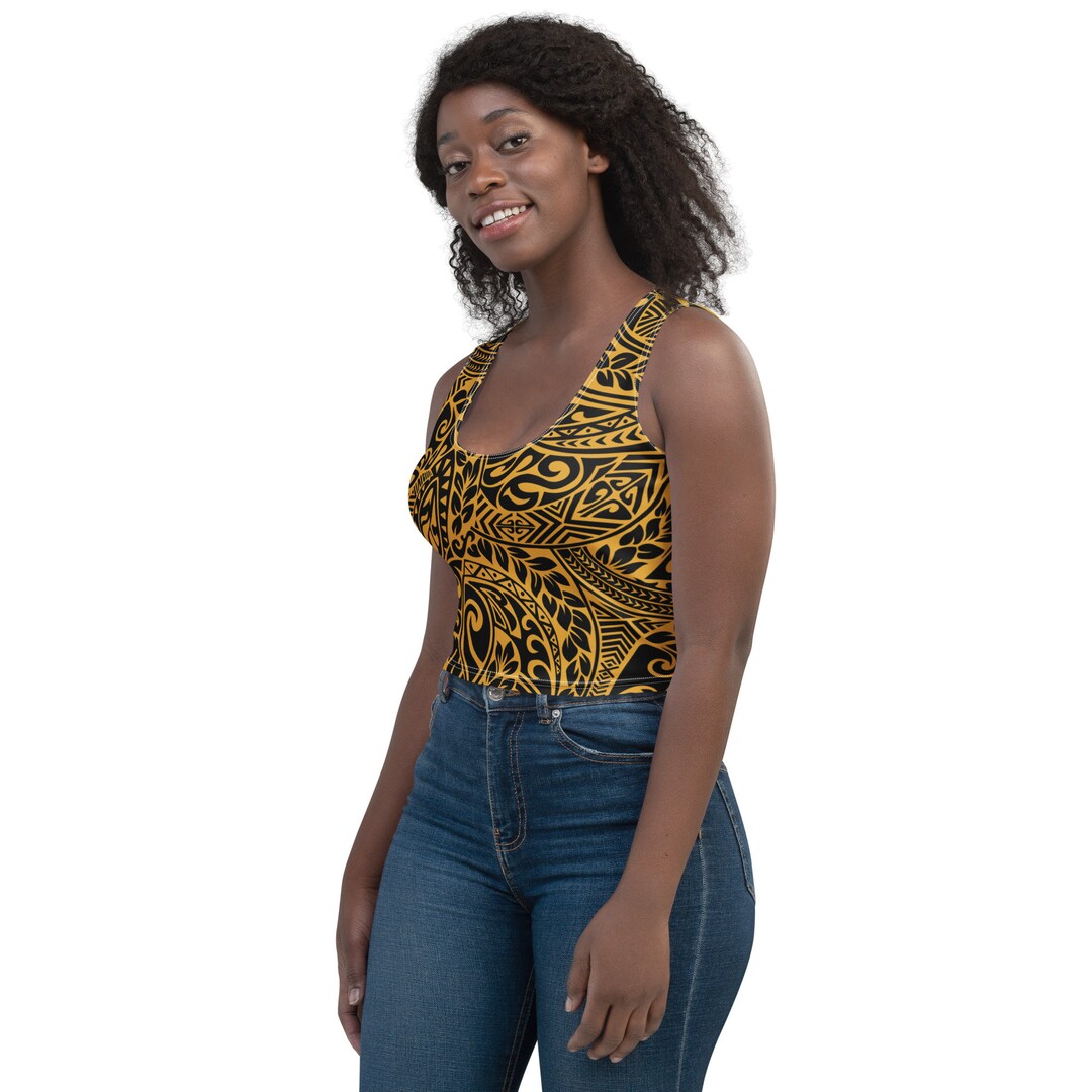 Polynesian Tribal in Black and Buttercup Crop Top, Sleeveless ...