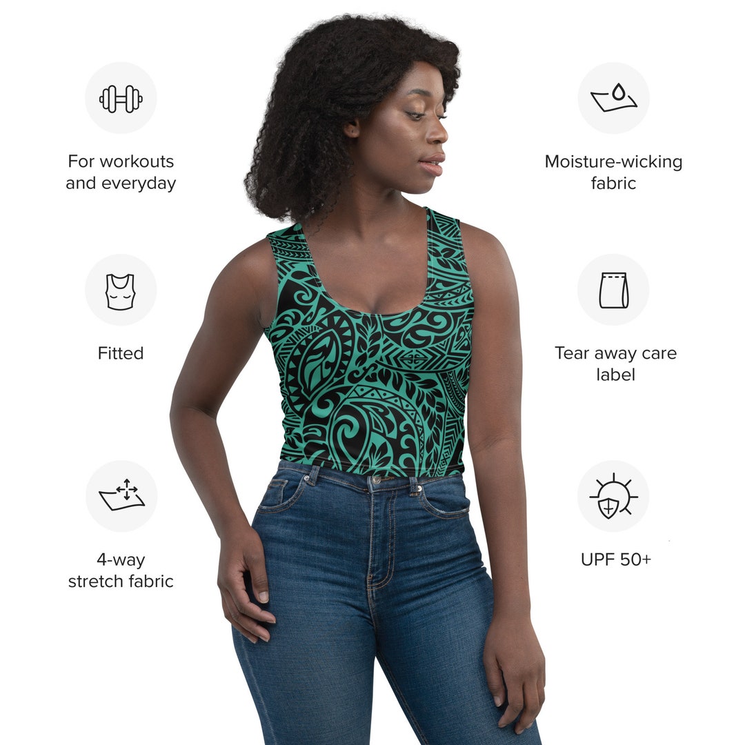 Polynesian Tribal in Black and Niagara Green Crop Top, Sleeveless ...