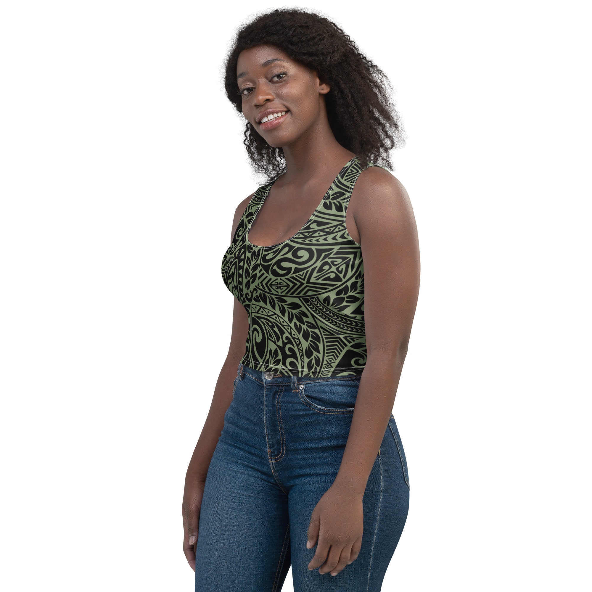 Polynesian Tribal in Black and Camouflage Green Crop Top, Sleeveless ...