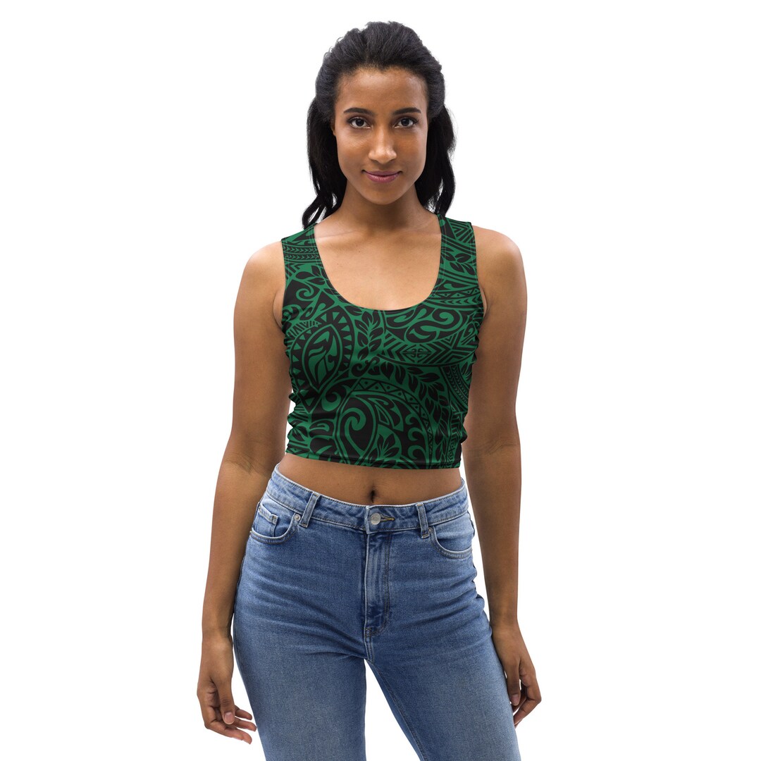 Polynesian Tribal in Black and Jewel Green Crop Top, Sleeveless ...