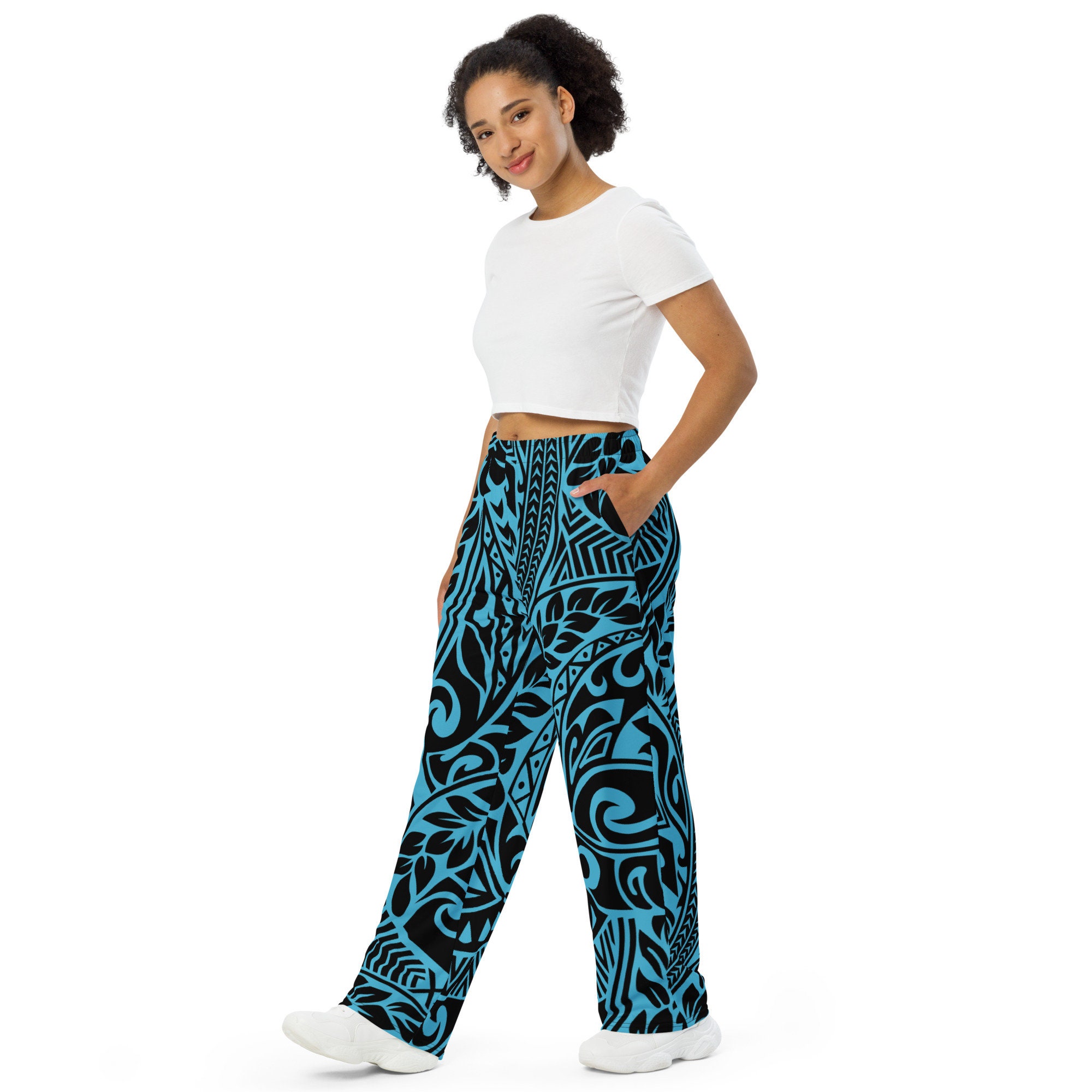 Polynesian Tribal in Black and Sky Blue Unisex Wide-leg Pajama Pants ...
