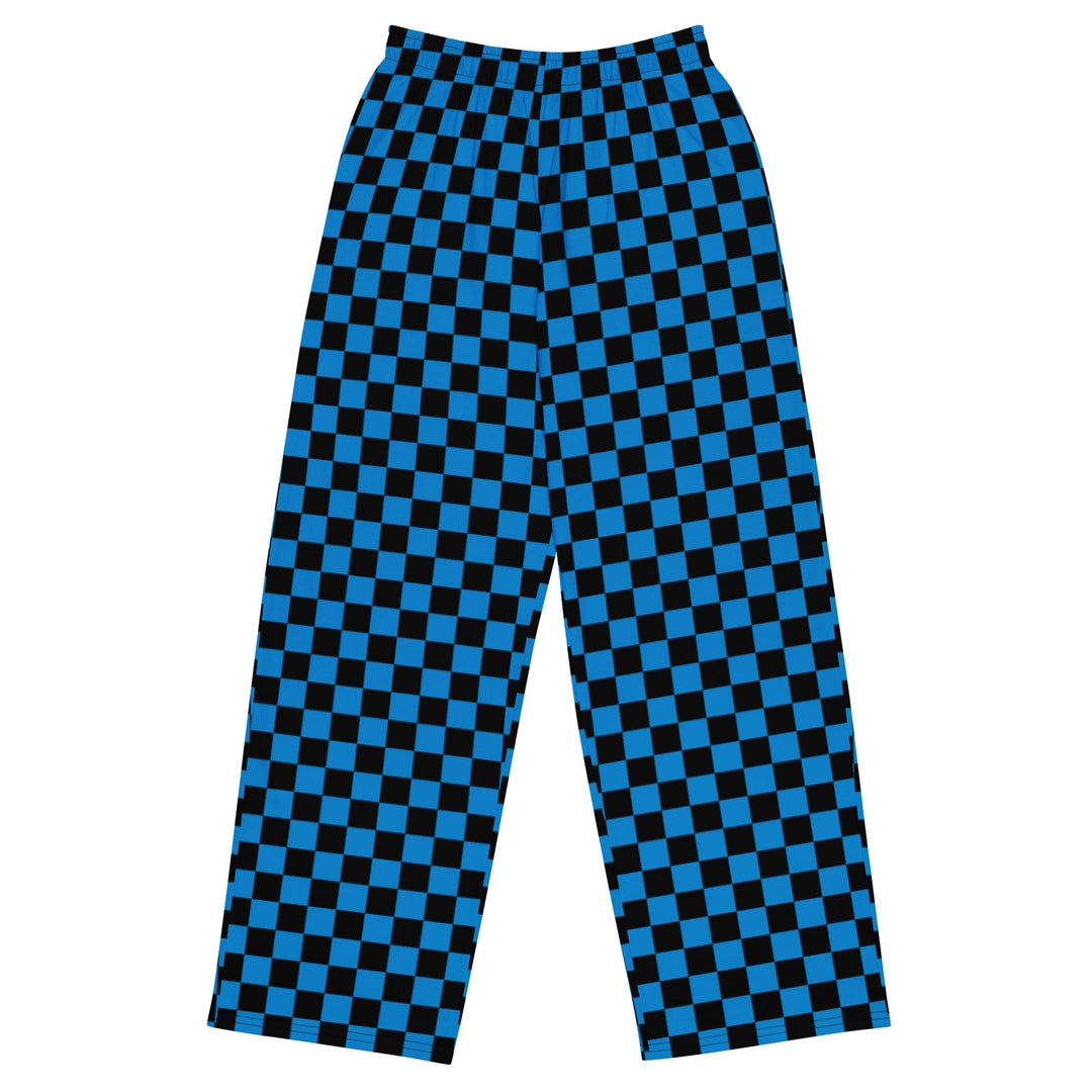 Black and Navy Blue Checkerboard Unisex Wide-leg Pajama Pants, Pocketed ...
