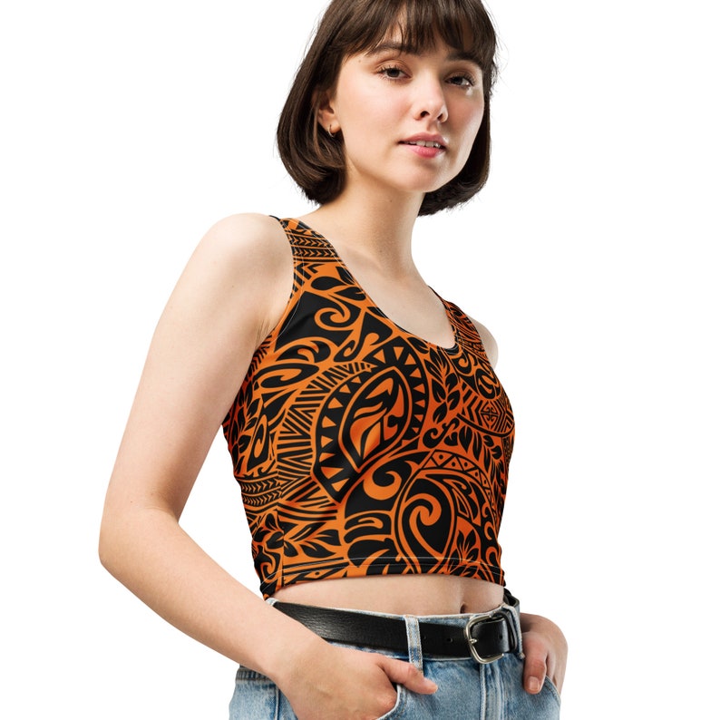 Polynesian Tribal in Black and Mango Orange Crop Top, Sleeveless ...