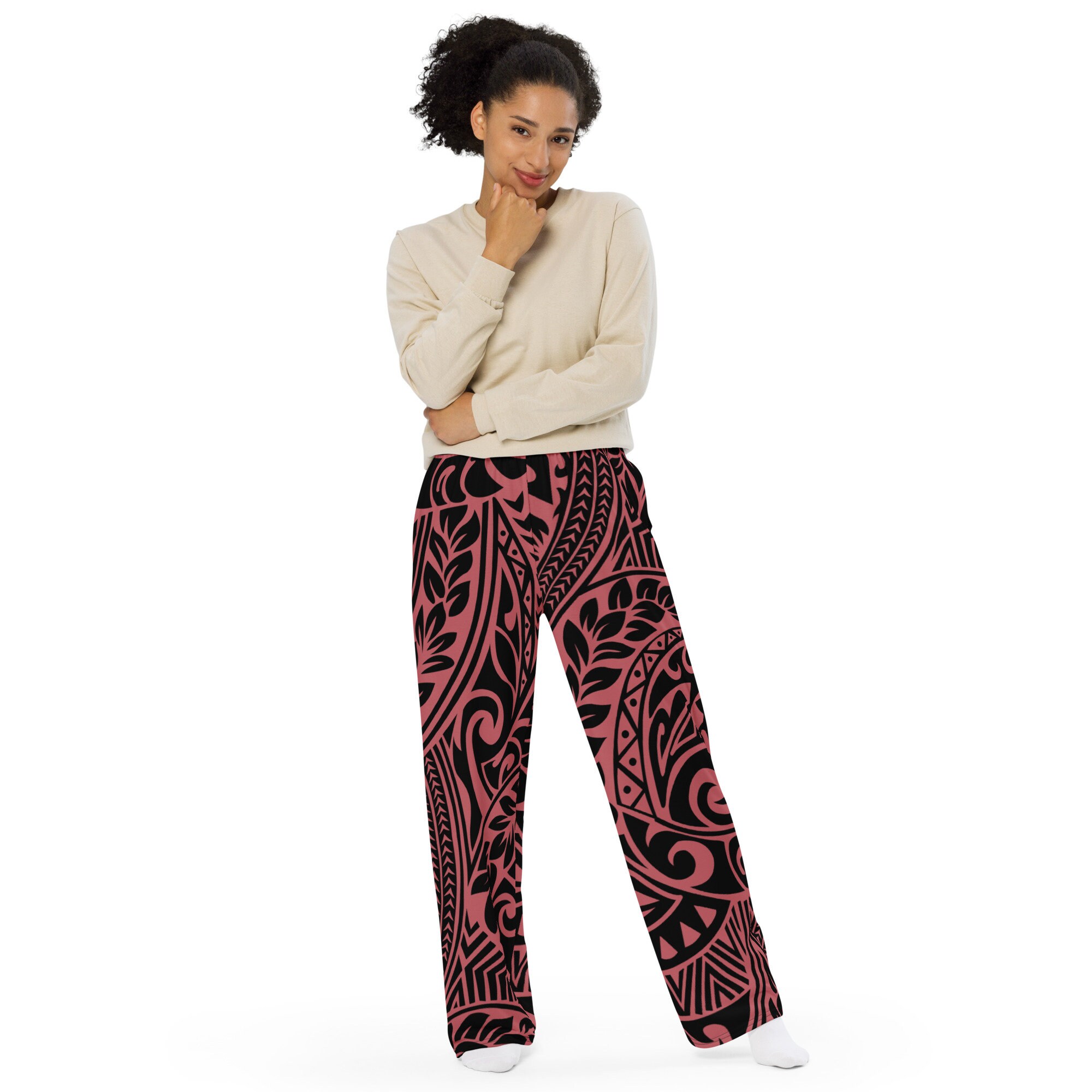 Polynesian Tribal in Black and Mandy Pink Unisex Wide-leg Pajama Pants ...