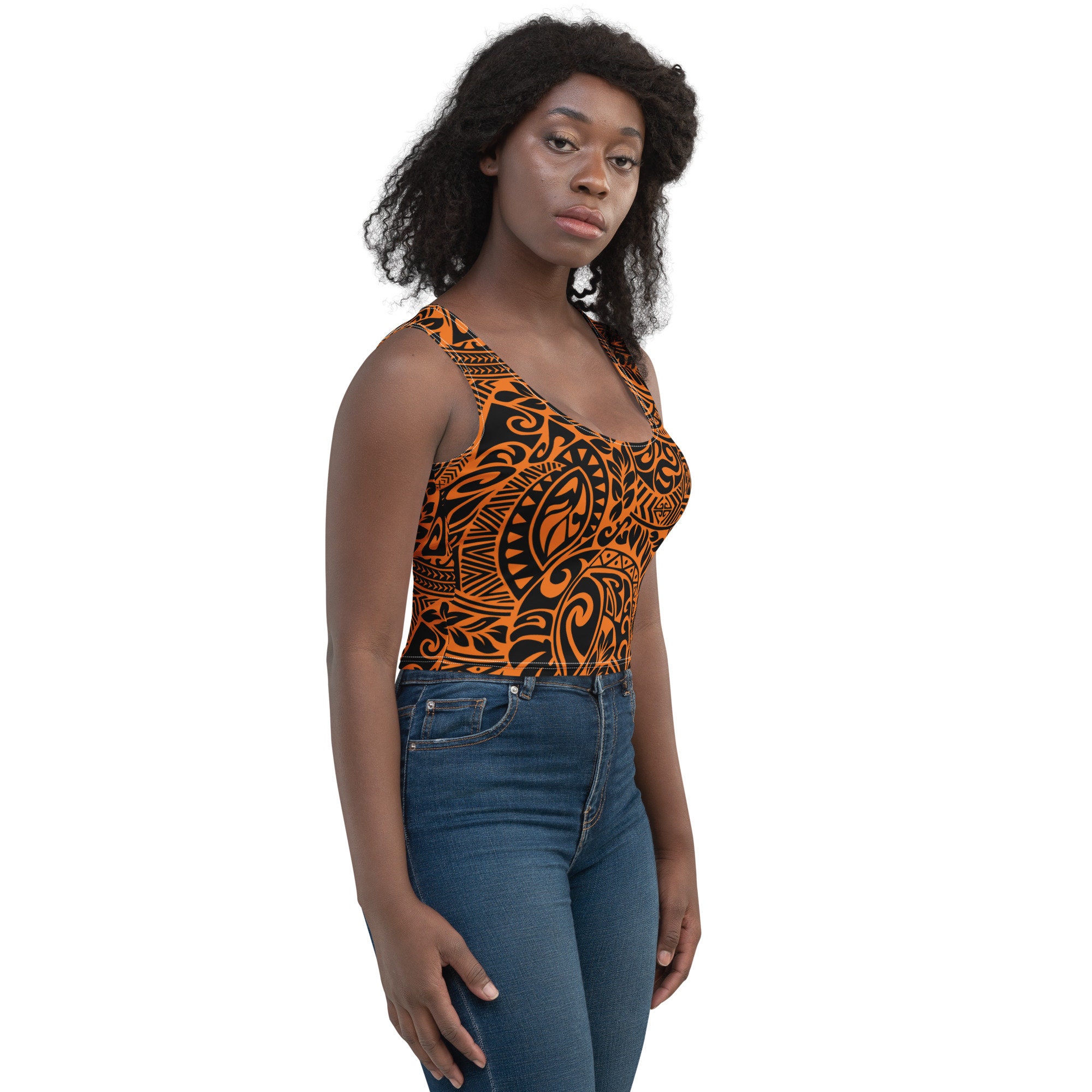 Polynesian Tribal in Black and Mango Orange Crop Top, Sleeveless ...