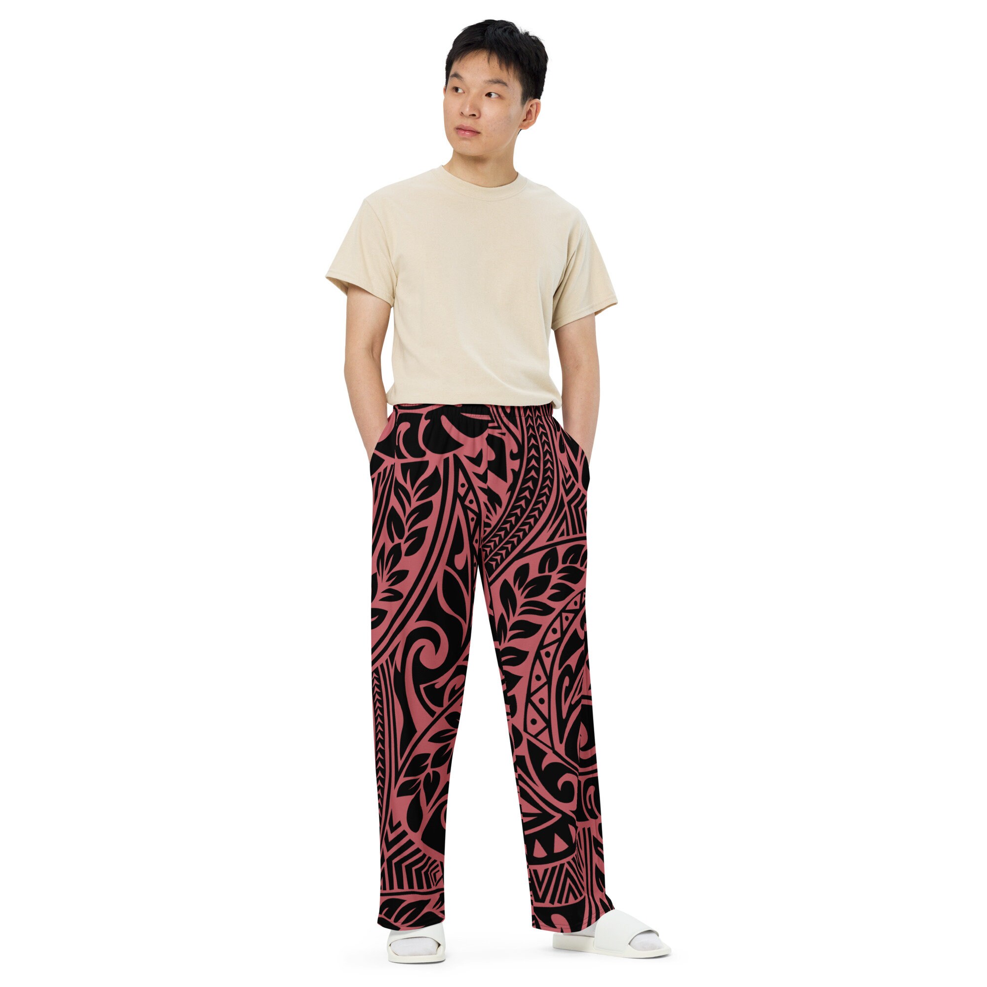 Polynesian Tribal in Black and Mandy Pink Unisex Wide-leg Pajama Pants ...