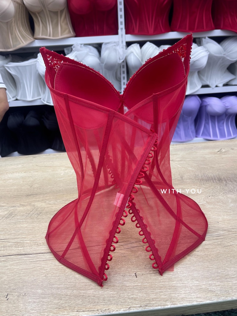 Handmade Beaded Red Corset, Crystal Glass Bustier, Sheer Mesh Lingerie ...