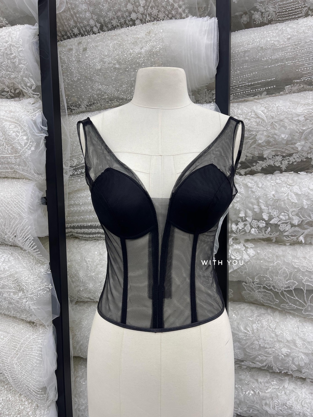Black Thick Strap Sheer Corset Top : Deep V Neck Bustier Top, Elegant ...