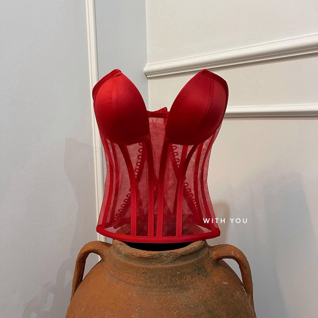 Prom Corset, Red Bustier Top, Sheer Corset Top, Bridal Lingerie ...
