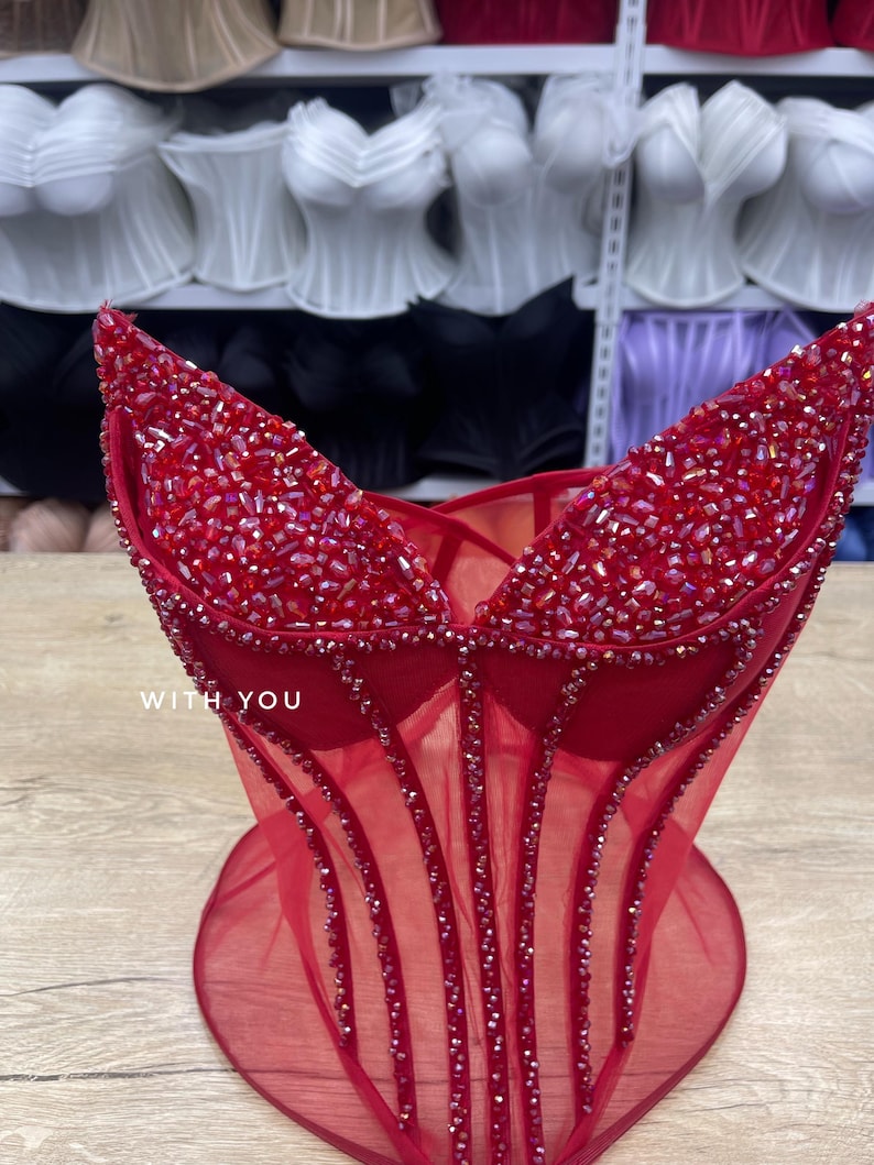 Handmade Beaded Red Corset, Crystal Glass Bustier, Sheer Mesh Lingerie ...