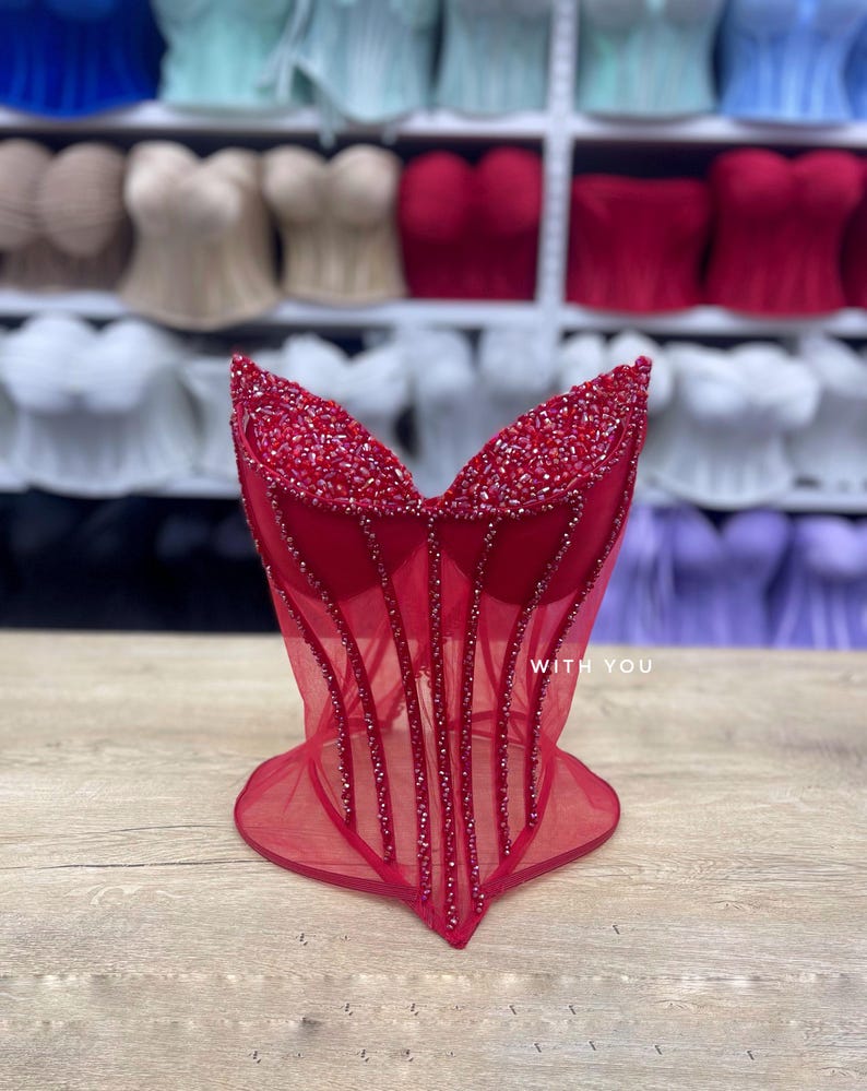 Handmade Beaded Red Corset, Crystal Glass Bustier, Sheer Mesh Lingerie ...