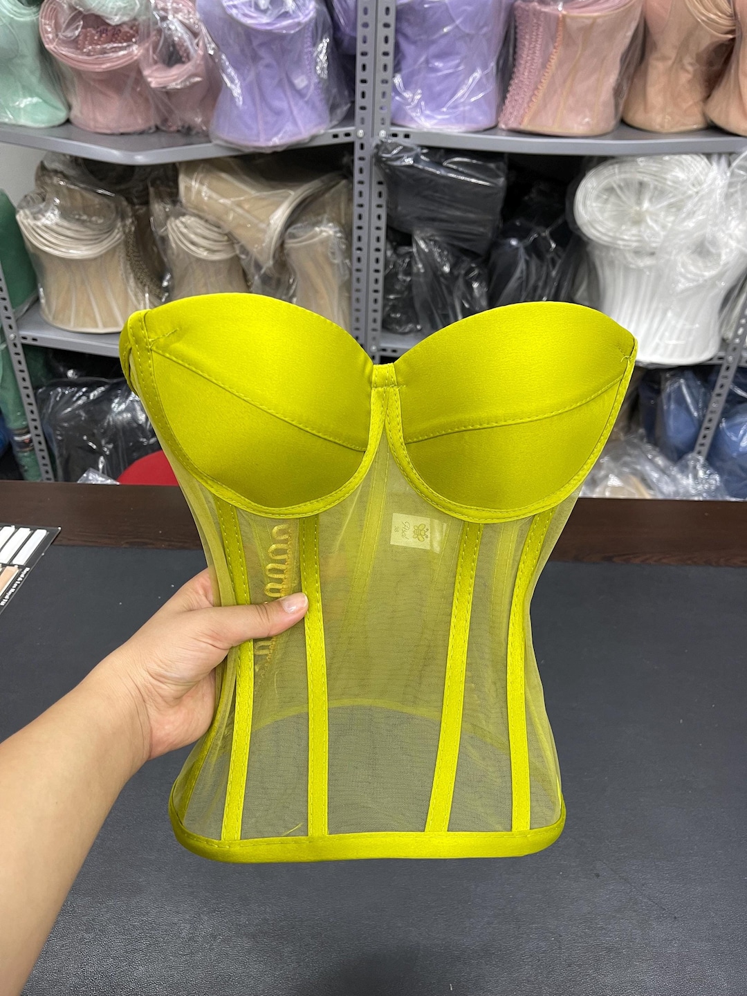 Lime Green Sheer Corset Top: Transparent Mesh Bustier With Boning ...