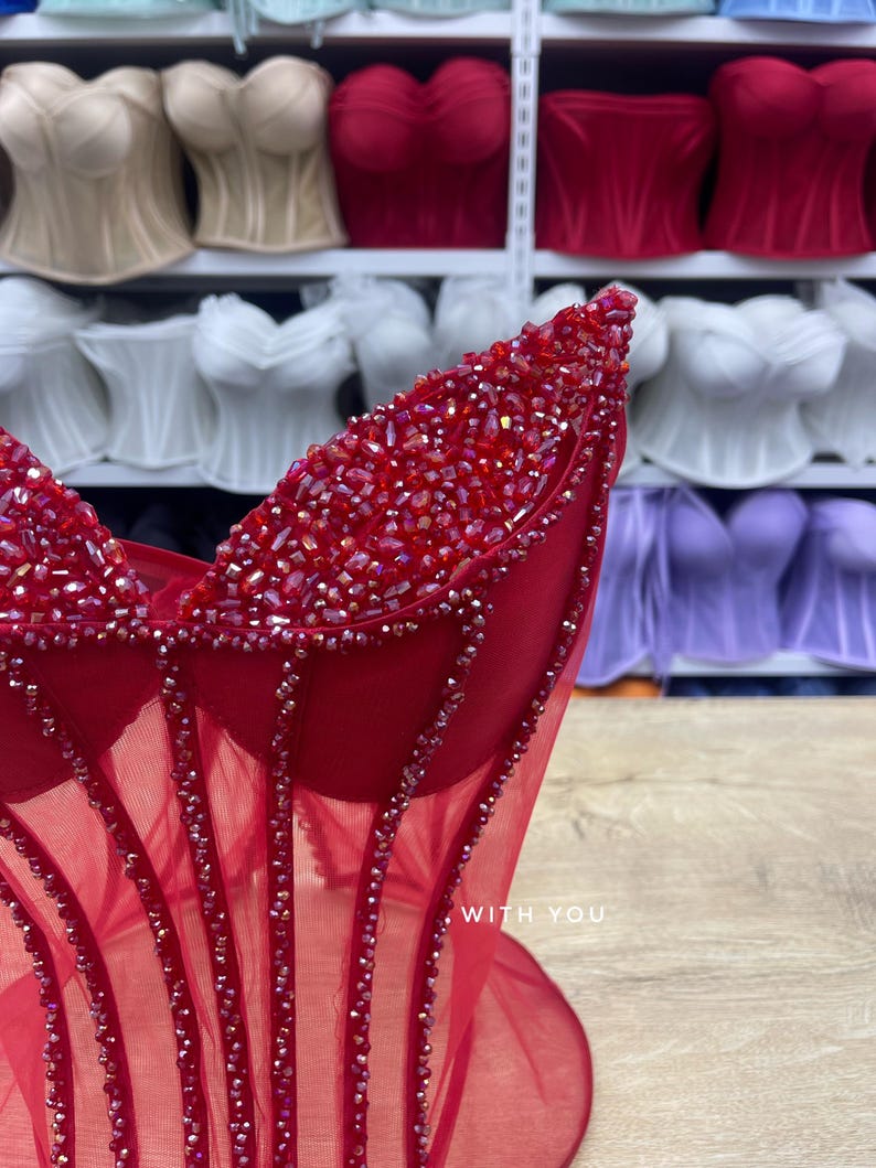 Handmade Beaded Red Corset, Crystal Glass Bustier, Sheer Mesh Lingerie ...