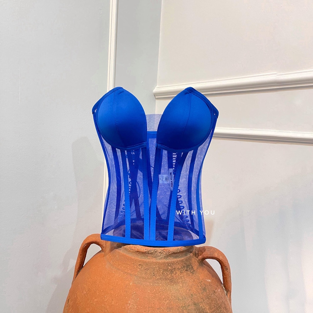 Royal Blue Sheer Corset Top – Trendy Mesh Bustier, Elegant Strapless ...
