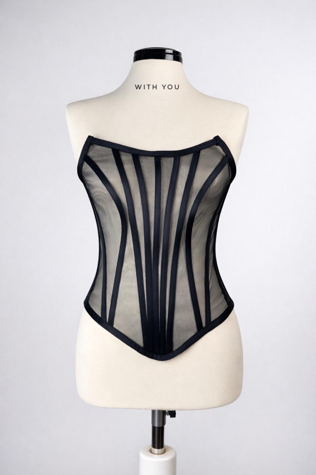 Black Sheer Corset Top: Strapless Mesh Boned Corset, See Through ...
