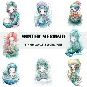 Watercolor Winter Mermaid Clipart for Digital Invitations, Digital ...