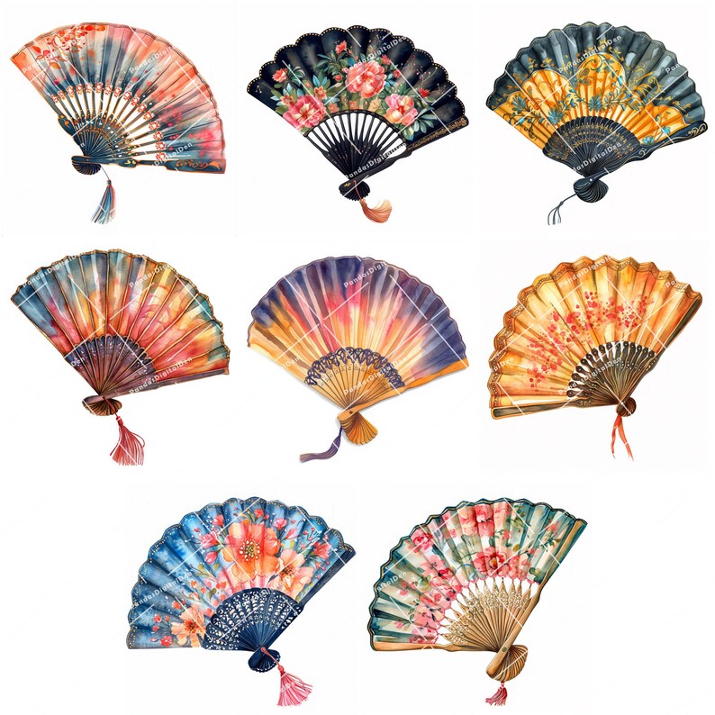 Elegant Flower Fan Clipart | Set of Hand Fan Illustrations | Watercolor ...
