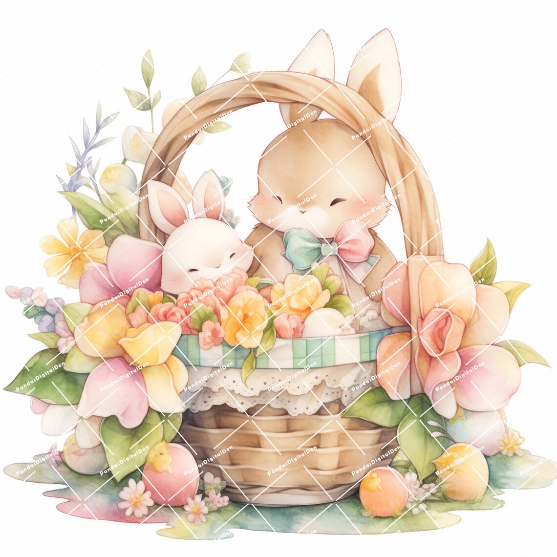 Easter Baskets Watercolor Clipart, Floral Egg Basket Images, Rabbit ...