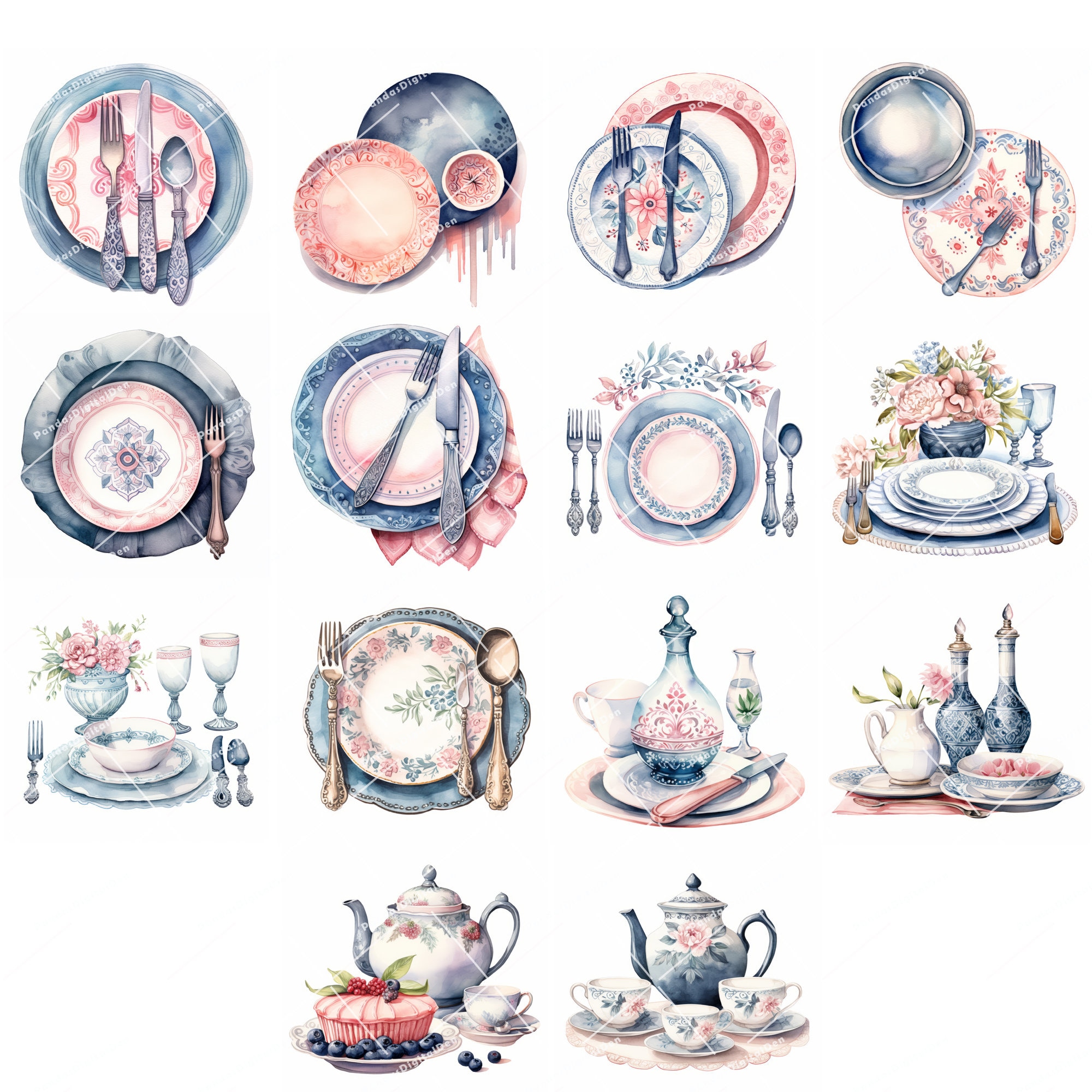 14 Watercolor Table Setting Art, Commercial Use Clipart, Home Clipart ...