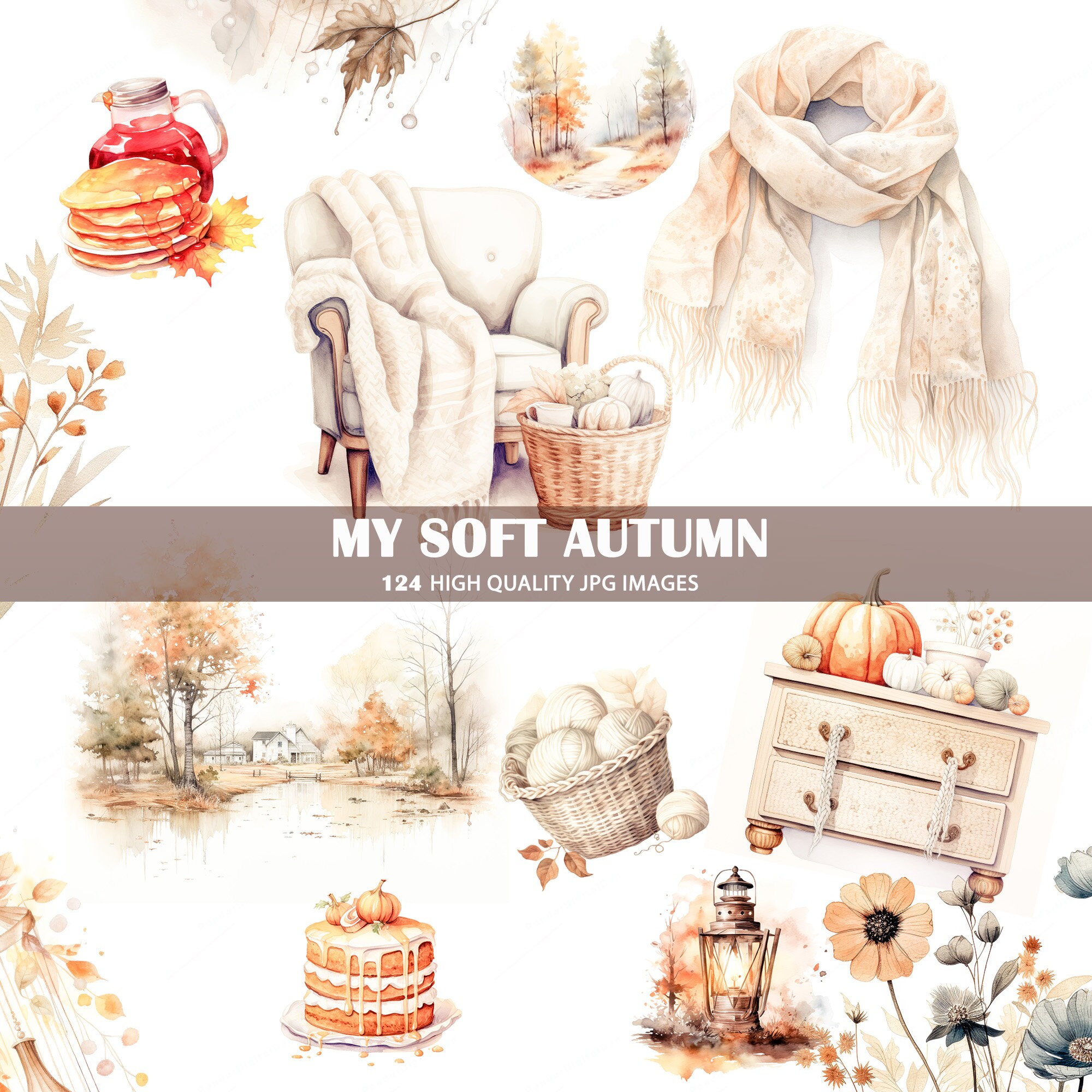 124 Muted Autumn Watercolor Clipart for Digital Invitations, Fall ...