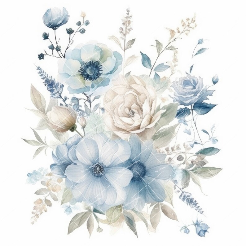 Pale Indigo Gardens 20 Flower Bouquet Watercolor Clipart, Botanical ...