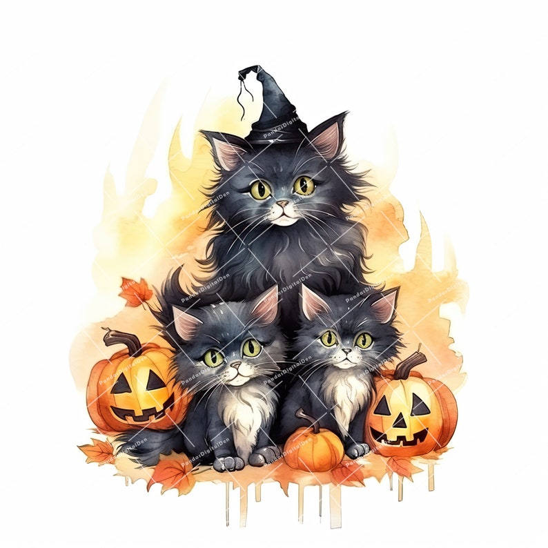 Watercolor Halloween Cat Clipart Set for Digital Invitations, Digital ...