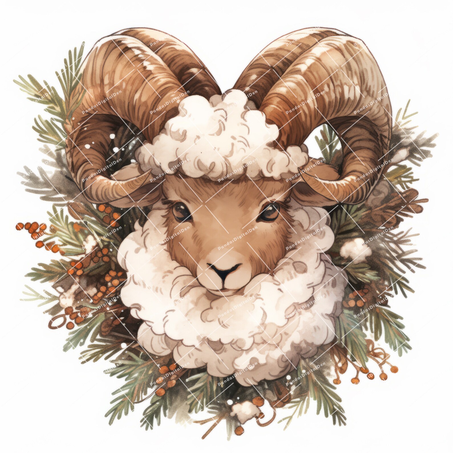 10 Watercolor Christmas Rams Clipart Set, Ram Portrait, Farm Animal ...