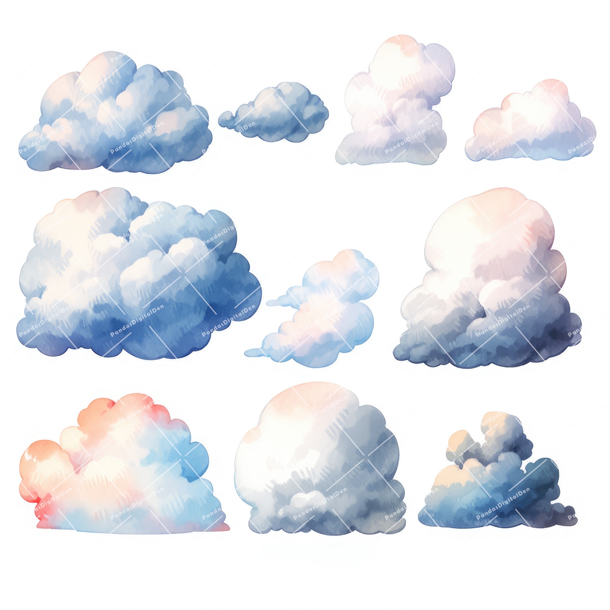 Cute Watercolor Kawaii Clouds Sheets Set of Clouds Illustrations Watercolor Sky Commercial Use ...