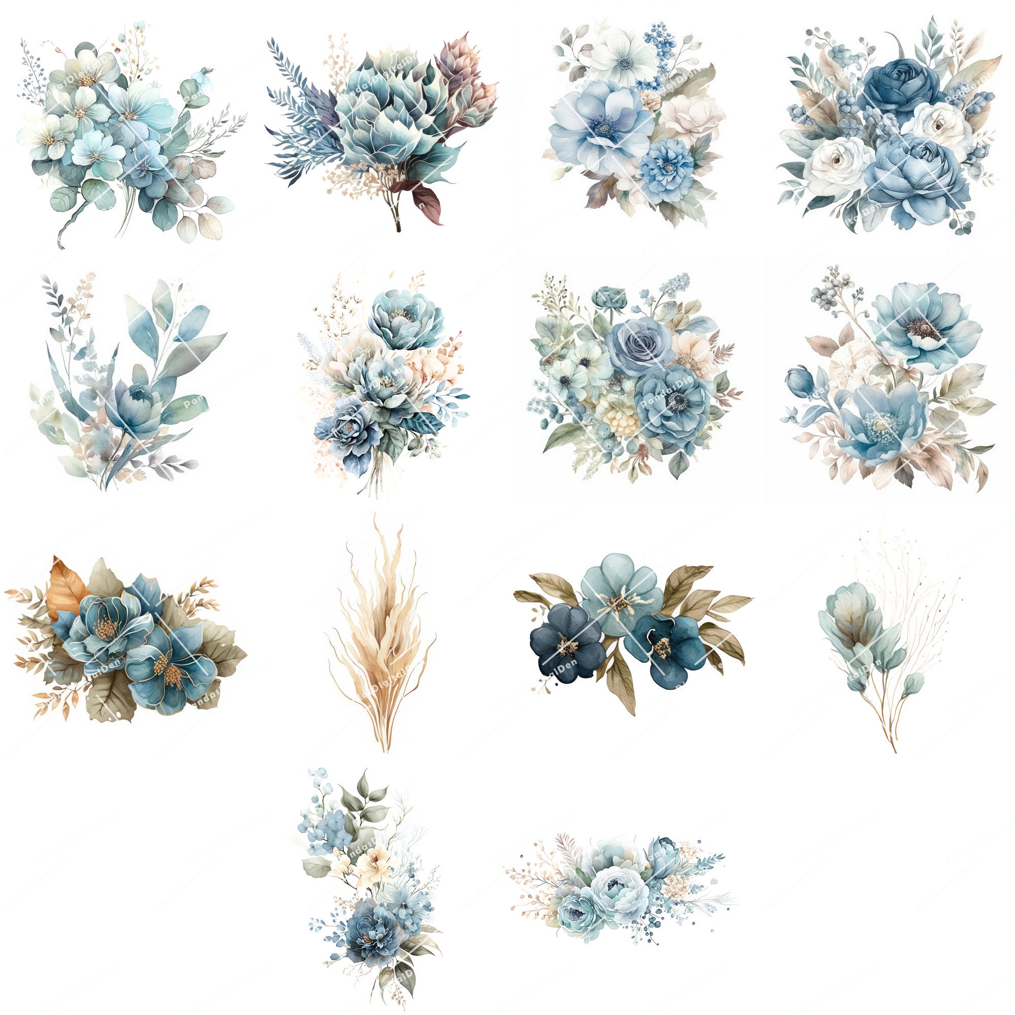 14 Blue Mocha Enchantment Floral Elements Clipart. 14 High Quality JPG ...